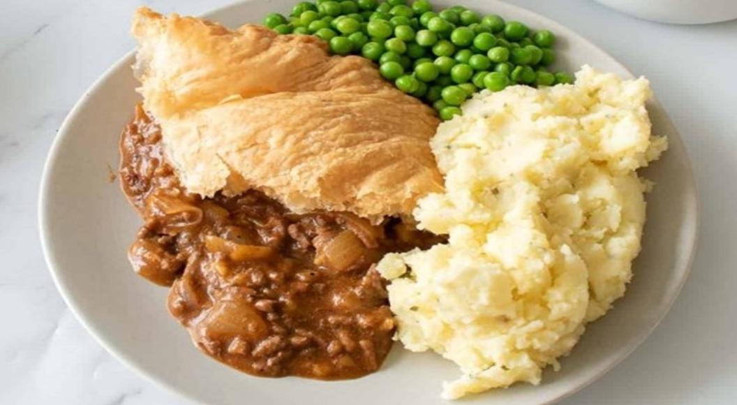 Mince and Cheese Pie Served with Mashed Potato and Peas | AgOnline